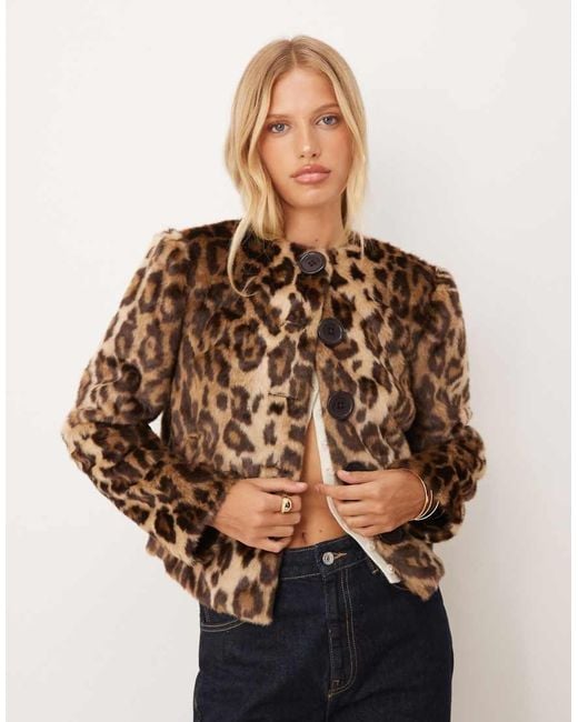 House Of Sunny Collarless Leopard Print Faux Fur Jacket in Natural | Lyst UK
