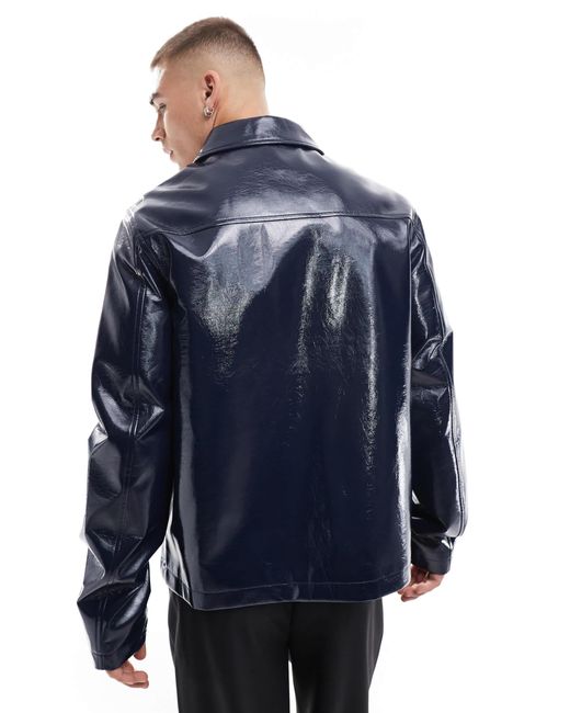 ASOS Faux Leather High Shine Harrington Jacket With Embroidery in Blue ...