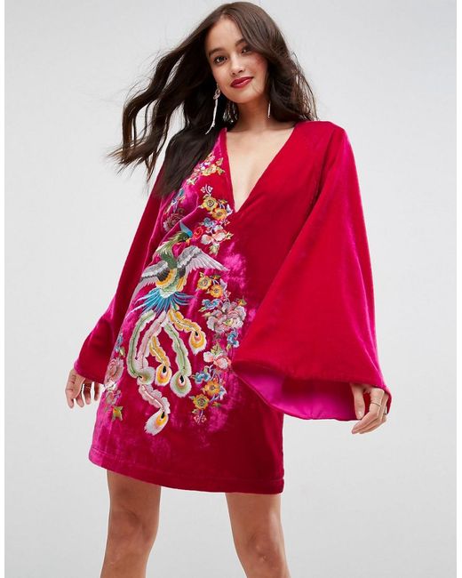 ASOS Embroidered Velvet Kimono Mini Dress in Pink | Lyst