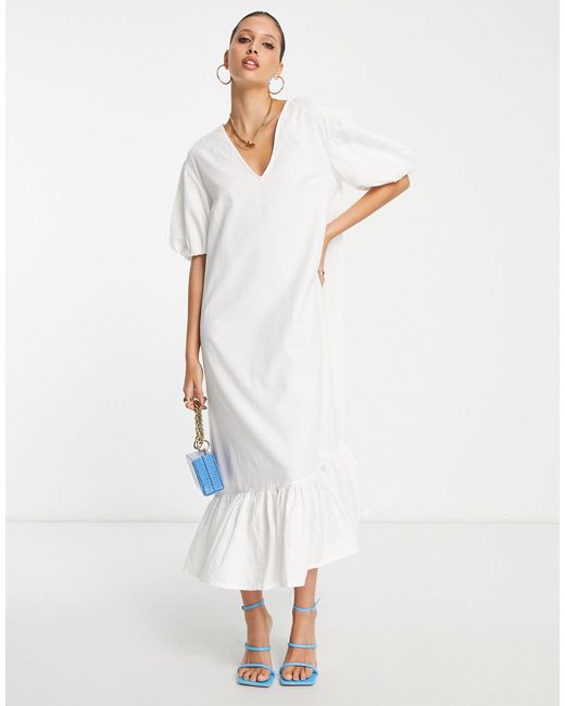 Pretty Lavish Cotton Balloon Sleeve Smock Midaxi Dress In White Lyst Uk