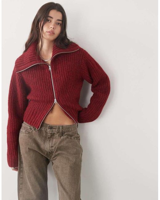 Weekday Chunky Rib Hem Zip Up Cardigan in Red | Lyst UK