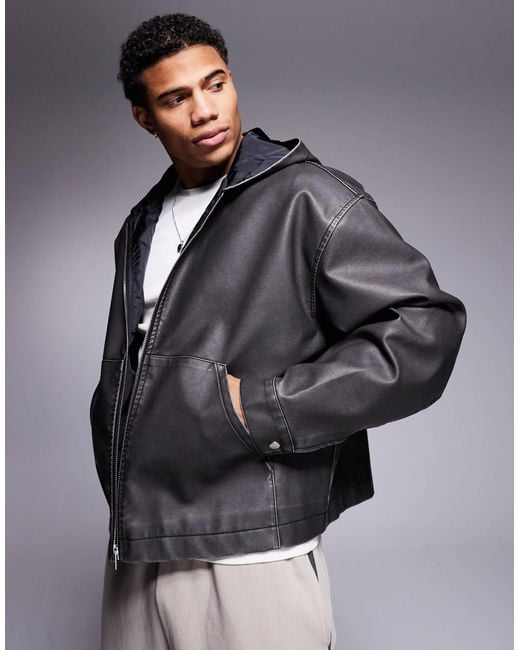 ASOS Oversized Faux Leather Jacket With Hood in Gray for Men | Lyst