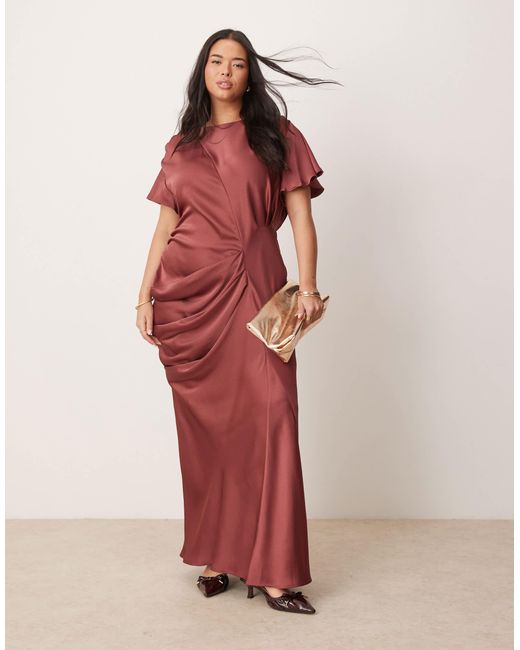 ASOS Asos Design Curve Satin Flutter Sleeve Maxi Dress in Red | Lyst