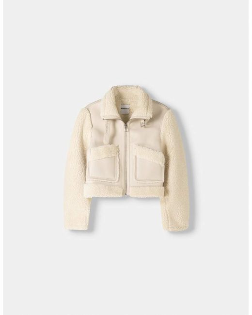 Bershka Shearling And Faux Leather Jacket in Natural | Lyst UK