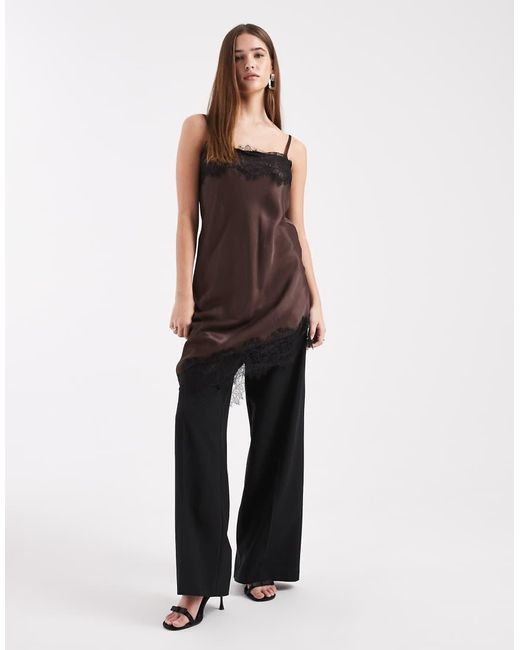 ASOS Satin Lace Trim Asym Mini Dress in Brown | Lyst UK