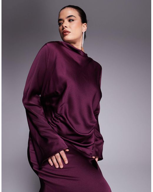 ASOS Asos Design Curve Long Sleeve Satin Maxi Dress With Ruched Tab ...
