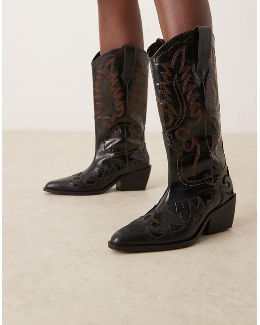 ASOS Camryn Leather Cowboy Knee Boots in Black | Lyst