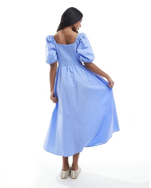 Vero Moda Puff Sleeve Milkmaid Style Midi Dress in Blue | Lyst