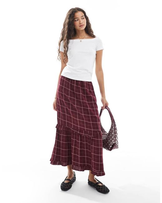 Wednesday's Girl Grid Check Ruffle Detail Midaxi Skirt in Red | Lyst UK