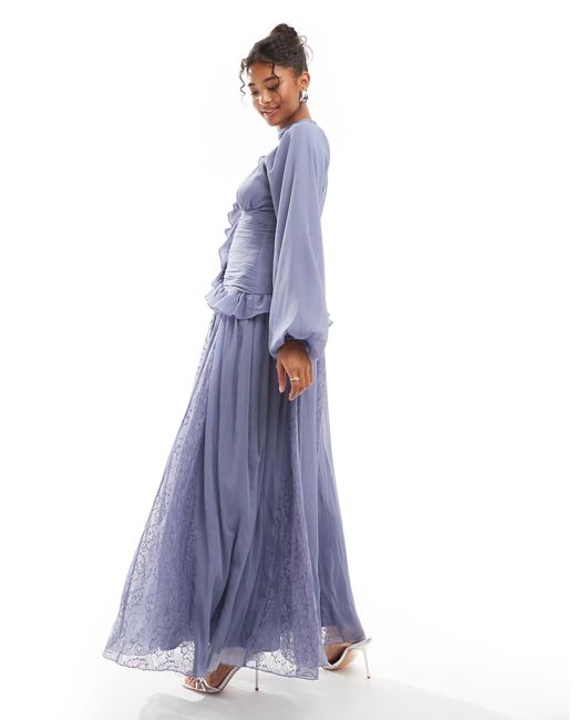 ASOS Waterfall Ruffle Gauged Bodice Maxi Dress With Lace Godets in Blue ...
