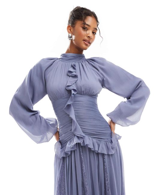 ASOS Waterfall Ruffle Gauged Bodice Maxi Dress With Lace Godets in Blue ...