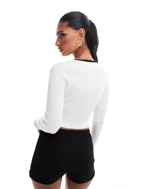 The Frolic Exclusive Contrast Ribbed Bow Detail Cropped Cardigan in White | Lyst