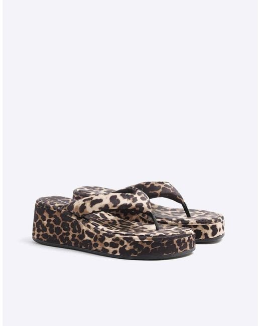 River Island Toe Thong Leopard Print Sandals in White | Lyst UK