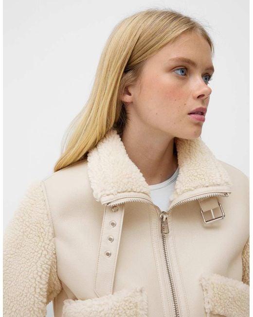 Bershka Shearling And Faux Leather Jacket in Natural | Lyst UK