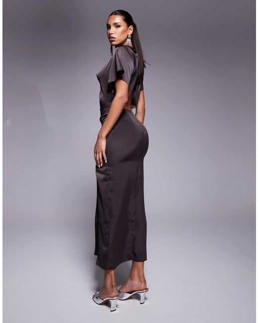 ASOS Draped High Neck Satin Maxi Dress With Open Back in Brown | Lyst