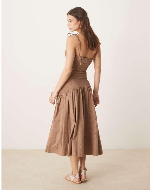 ASOS Broderie Cami Cut-out Ruched Waist Midi Dress in Natural | Lyst UK