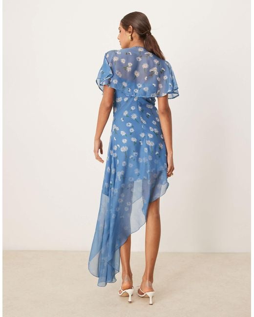 ASOS Asymmetric Mini Tea Dress With Flutter Cape Sleeve in Blue | Lyst