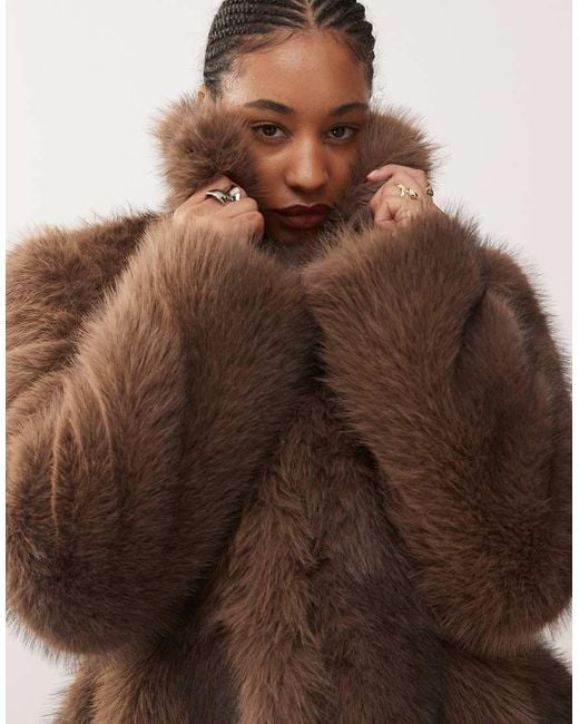 Monki Faux Fur Jacket With Peplum Hem in Brown | Lyst UK