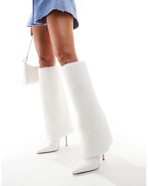 SIMMI Simmi London Wide Fit Louie Foldover Fur Knee Boot in White | Lyst