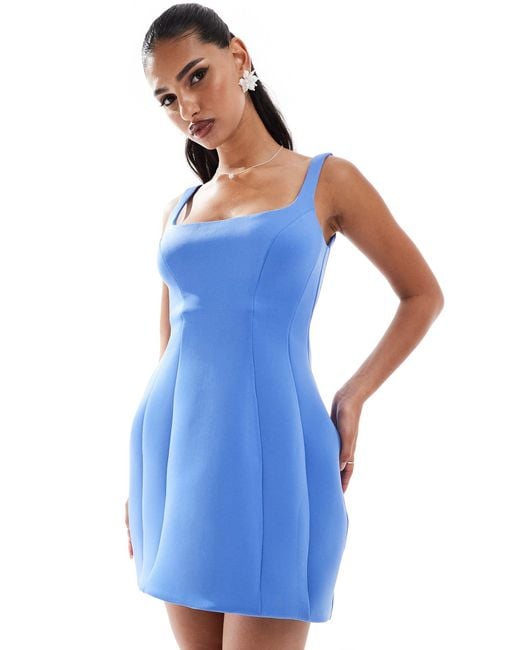 ASOS Scoop Neck Structured Highlow Mini Dress in Blue | Lyst