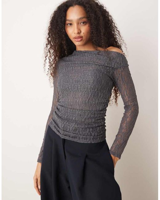 Mango Asymmetric Long Sleeve Lace Top in Grey | Lyst UK