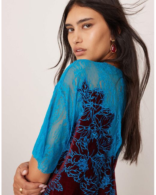 ASOS Velvet Lace Applique Embroidered Column Midi Dress in Blue | Lyst