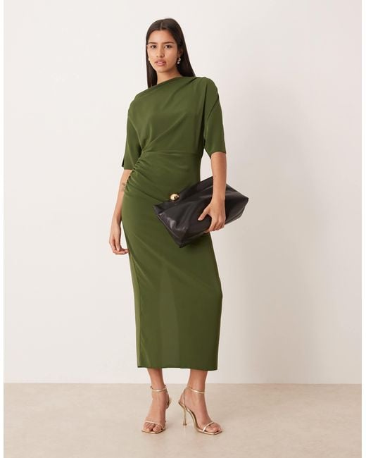 ASOS Drop Shoulder Draped Slinky Midi Dress in Green | Lyst