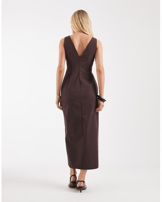 ASOS V-neck Column Midi Dress With Double Split in Brown | Lyst UK