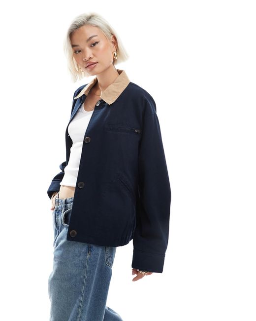 ASOS Bomber Barn Jacket With Camel Collar in Blue | Lyst