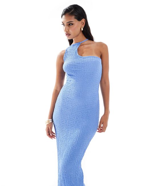 ASOS Textured Maxi Dress With Asymmetric Halter in Blue | Lyst