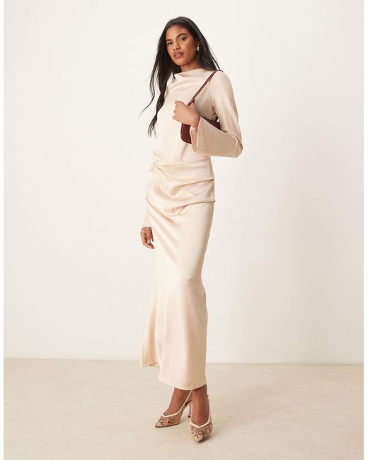 ASOS Long Sleeve Satin Maxi Dress With Ruched Tab Detail in Natural | Lyst