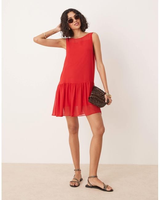 ASOS Drop Waist Chiffon Mini Dress in Red | Lyst