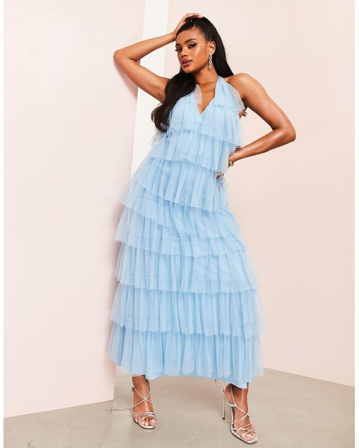 ASOS Ruffle Tulle Maxi Dress in Blue | Lyst