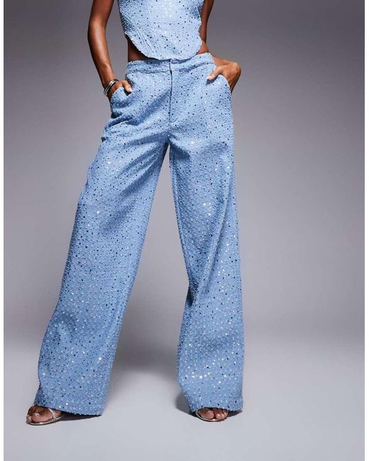 Wanderdoll Wander Doll Maya Sequin Denim Wide Leg Pants in Blue | Lyst UK