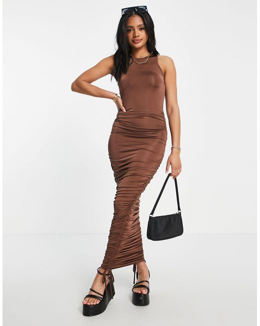 Missguided Slinky Midaxi Dress With Ruched Detail In Brown Lyst Canada