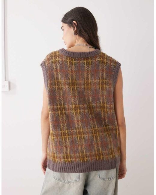The Ragged Priest Oversized Knitted Check Vest in Brown | Lyst UK