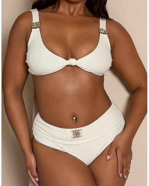 Moda Minx Curve X Bernadette Afia Ruched Bikini Bottom With Gem Detail in Brown | Lyst
