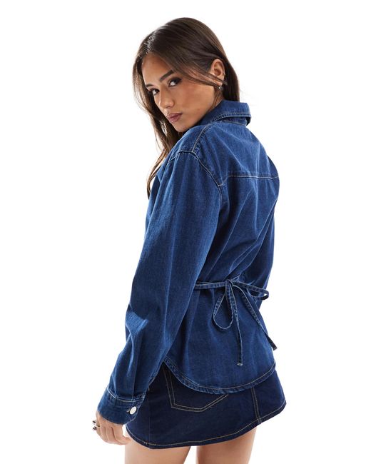 ASOS Cinched Back Denim Shirt With Tie in Blue | Lyst