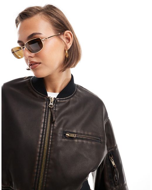 ASOS Washed Cropped Leather Look Bomber Jacket in Black | Lyst