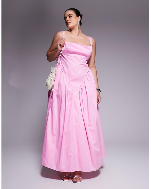 ASOS Curve Cotton Sateen Cinched Waist Bow Back Maxi Dress in Pink | Lyst