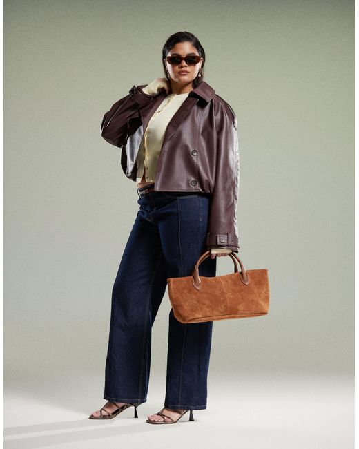ASOS Asos Design Curve Leather Look Bomber Trench Coat in Brown | Lyst