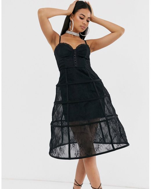 Asos Premium Lace Corset Detail Cage Midi Dress In Black Lyst Uk