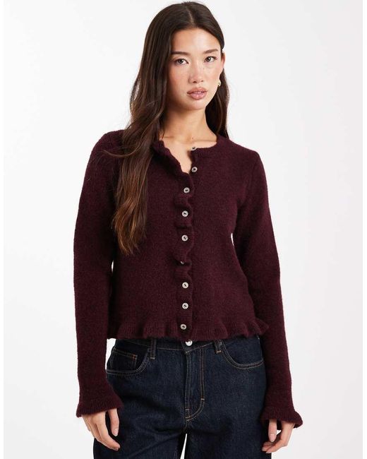 ASOS Knitted Ruffle Cardigan With Wool in Purple | Lyst UK