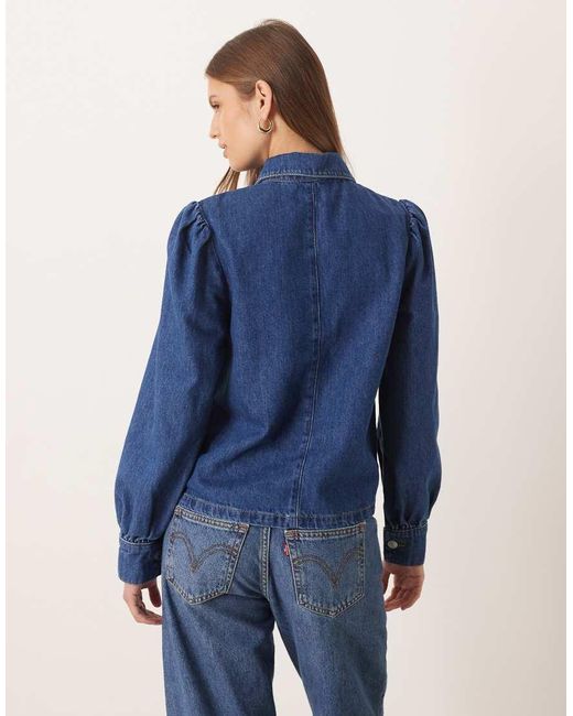 ASOS Denim 70s Style Puff Sleeve Top in Blue | Lyst UK