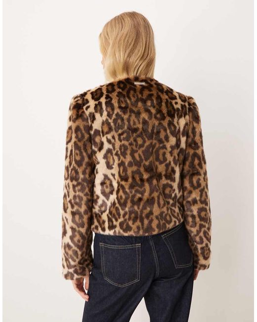 House Of Sunny Collarless Leopard Print Faux Fur Jacket in Natural | Lyst UK