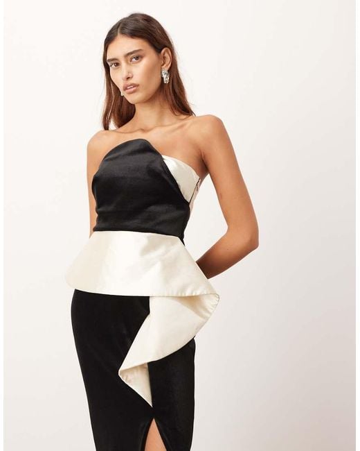 ARRANGE Structured Curved Velvet Column Midi Dress With Contrast Satin ...