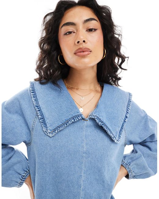 ASOS Denim Mini Dress With Oversized Ruffle Collar in Blue | Lyst