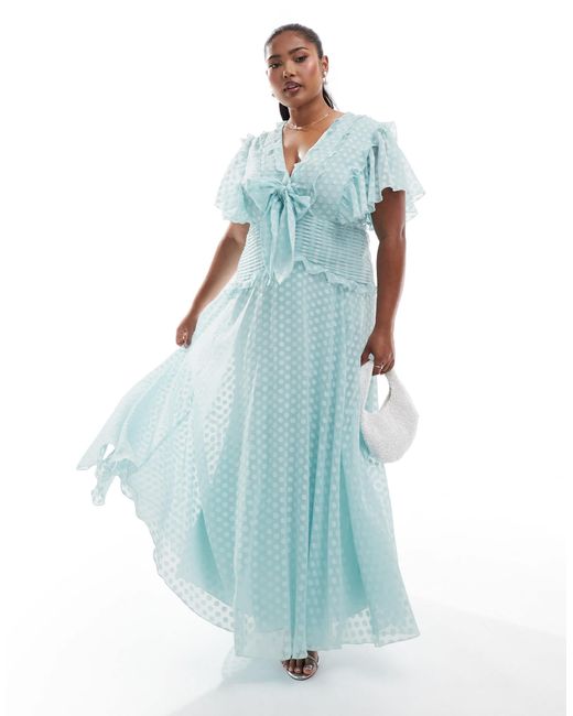 ASOS Asos Design Curve Flutter Sleeve Burnout Spot Jacquard Midi Dress With Tie Front in Blue | Lyst