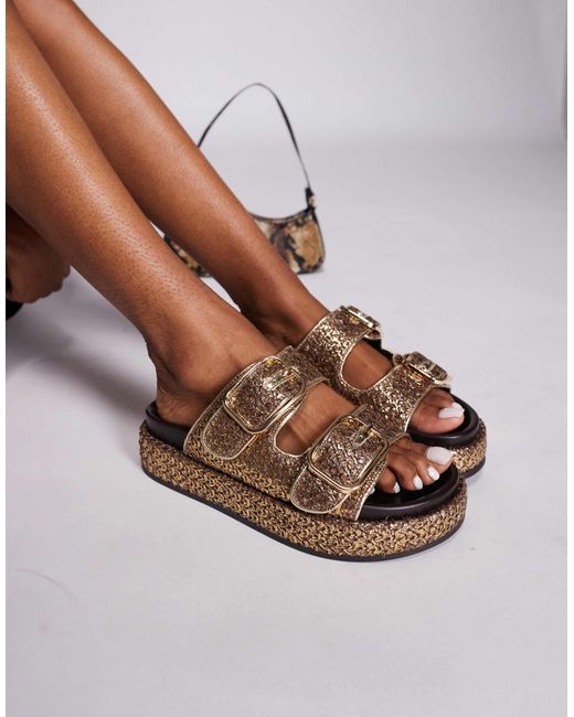 River Island Double Buckle Raffia Sandal in Brown | Lyst