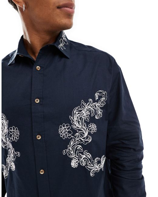 ASOS 90s Oversized Shirt With Floral Embroidery in Blue for Men | Lyst